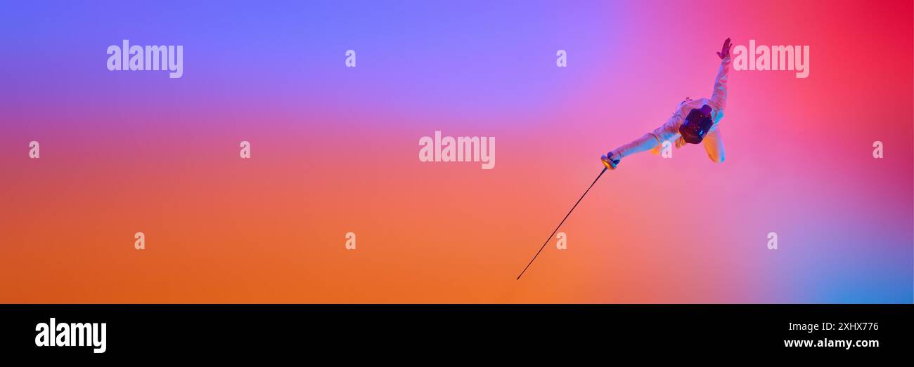 Banner. Fencer in uniform and mask in impressive jump, holding rapier ...