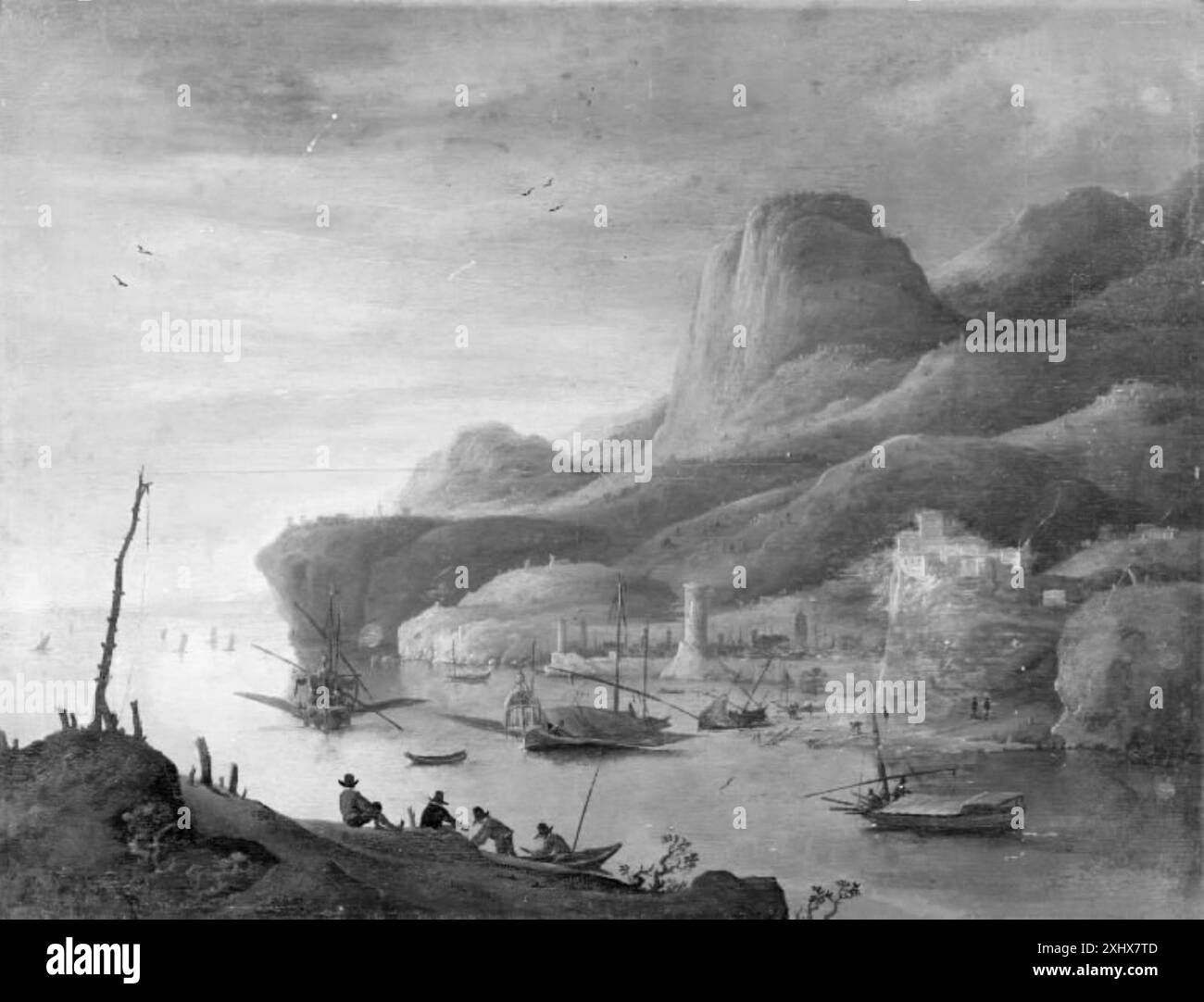 Painting by Daniël van Heil depicting an Italian sea port with galleys ...
