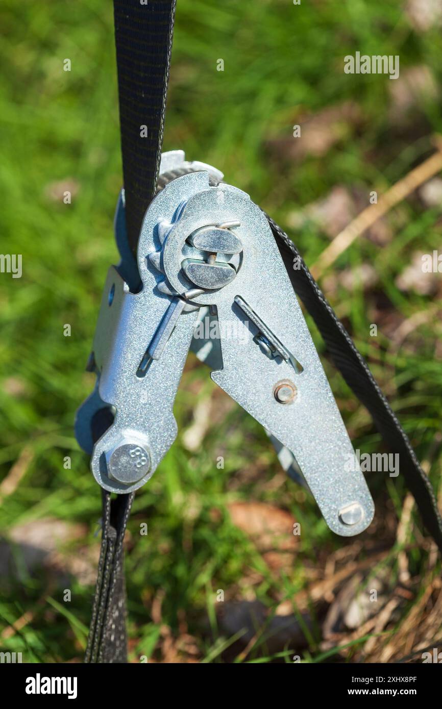 Floor anchoring, lashing strap with ratchet, Germany Stock Photo - Alamy