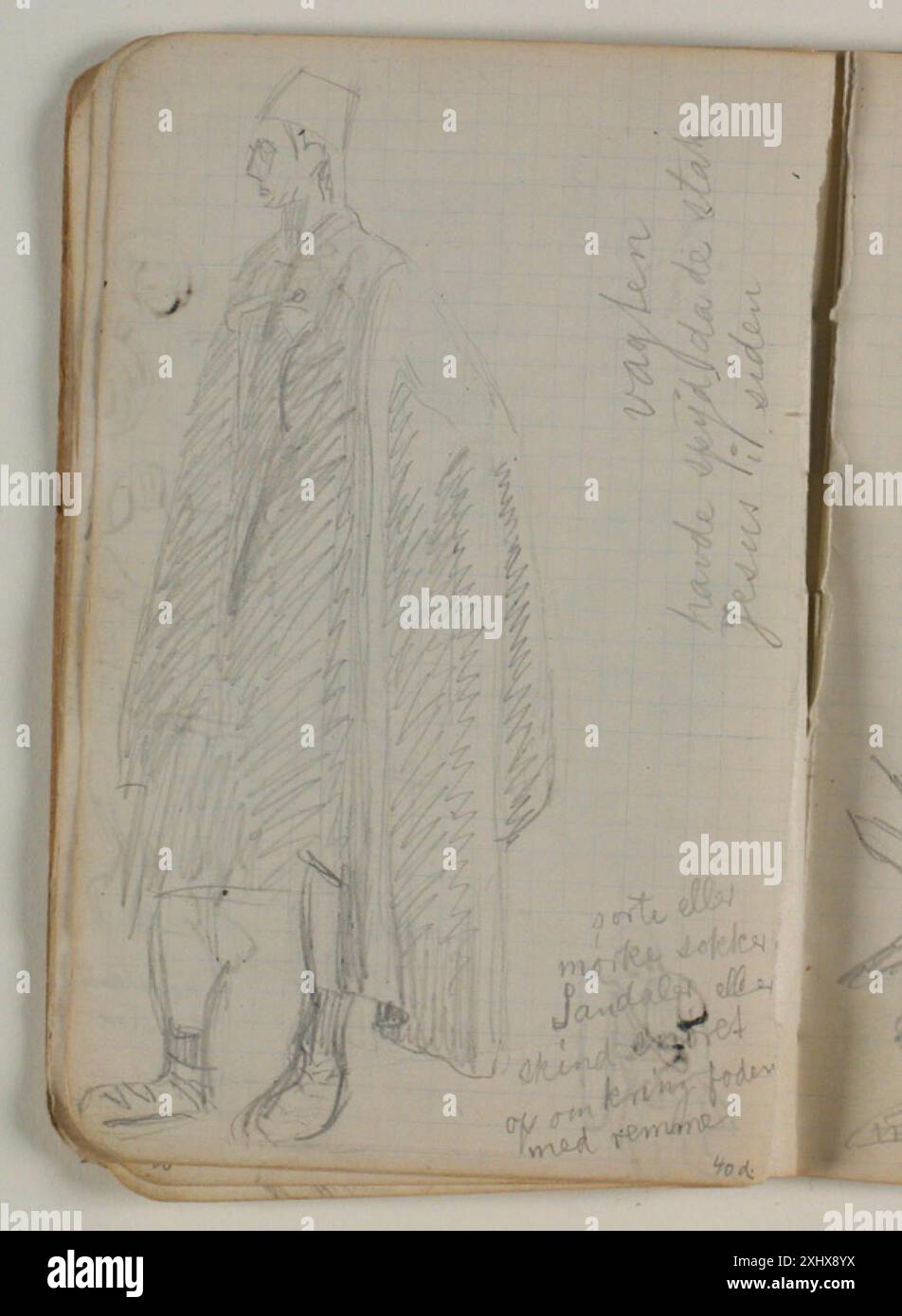 A drawing by Niels Larsen Stevns of a cloak-clad figure, based on a ...