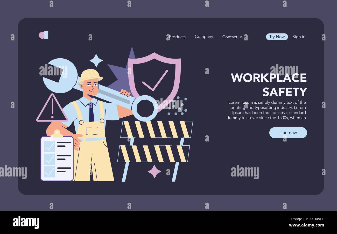 Labor Day concept. Illustrated worker promoting workplace safety with ...