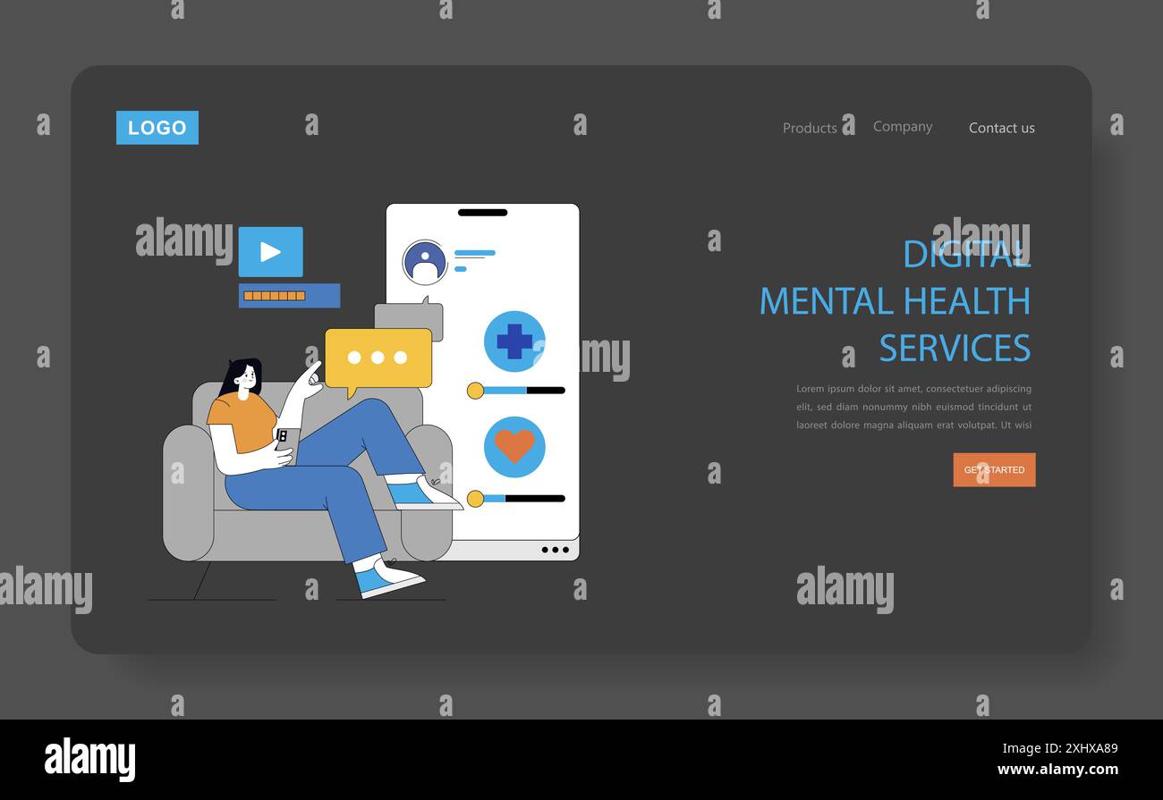 Digital Mental Health Services concept. An illustration depicting online therapy service with a ...