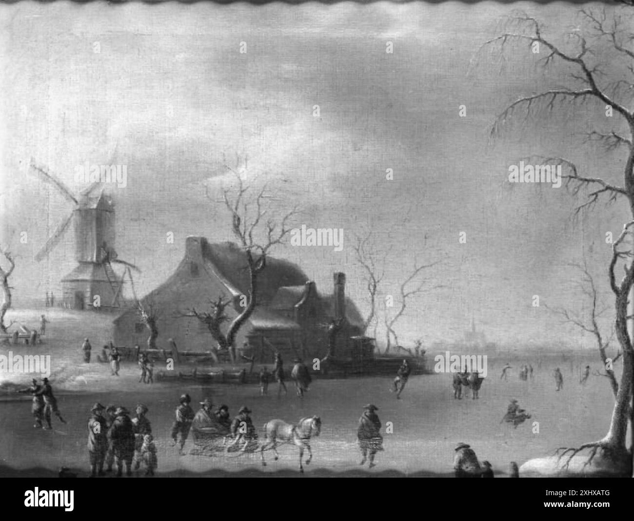 Painting depicting a winter landscape with ice skaters and a mill on ...