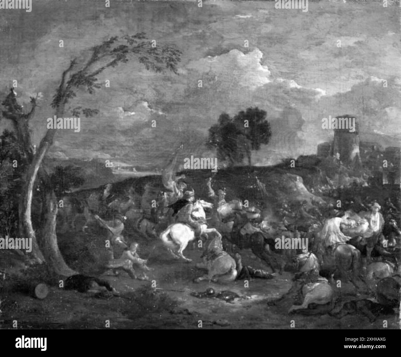 A painting by Jasper Broers depicting a cavalry skirmish, showing ...