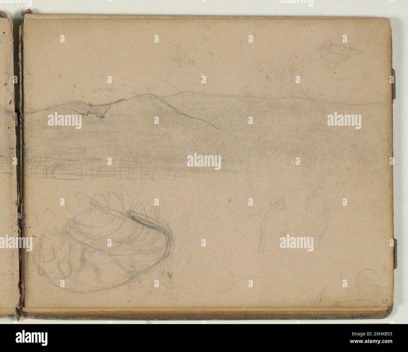 Drawings by Niels Larsen Stevns showing a mountain landscape with a ...