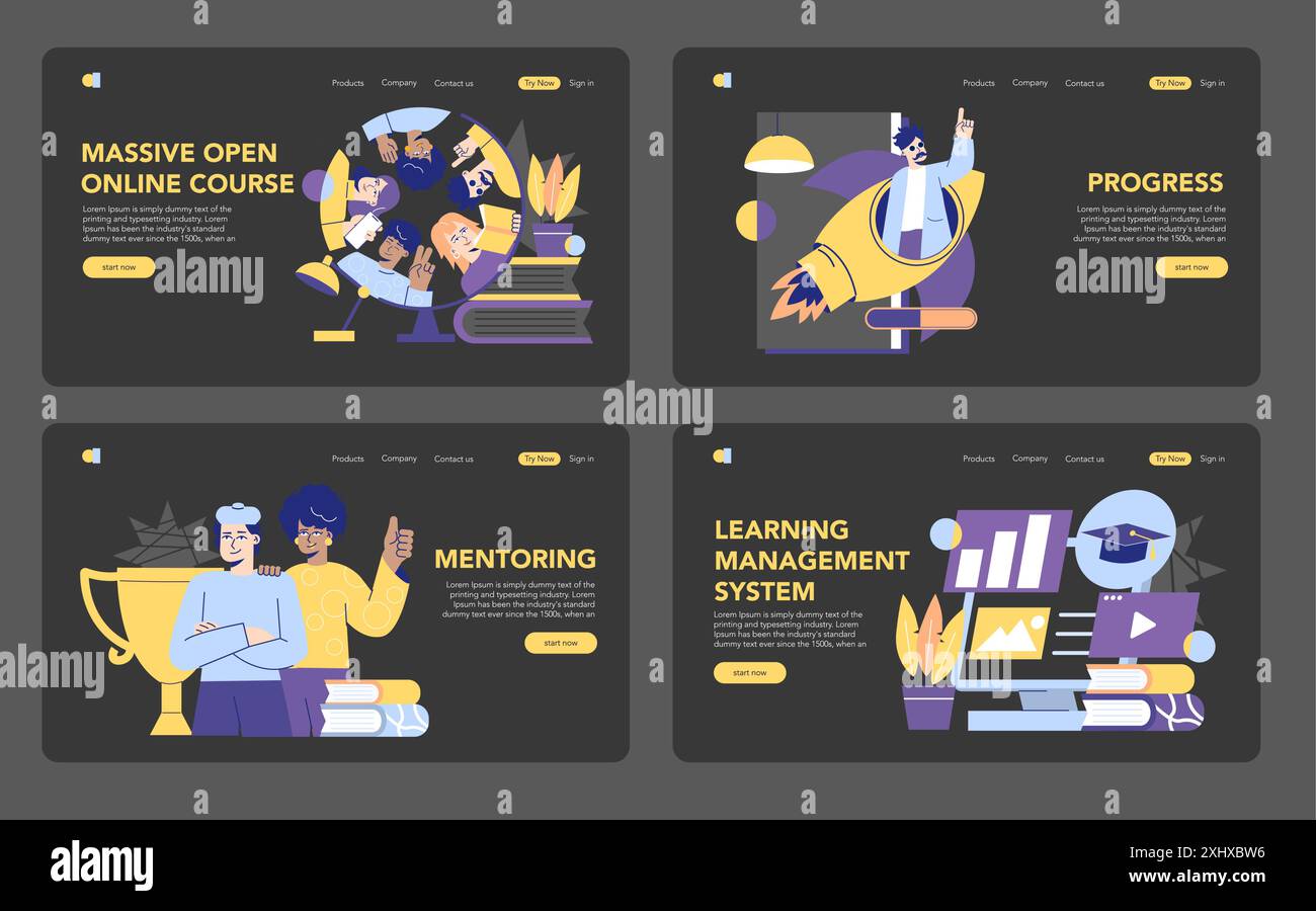 Online education set presenting courses, progress tracking, mentorship, and learning management ...