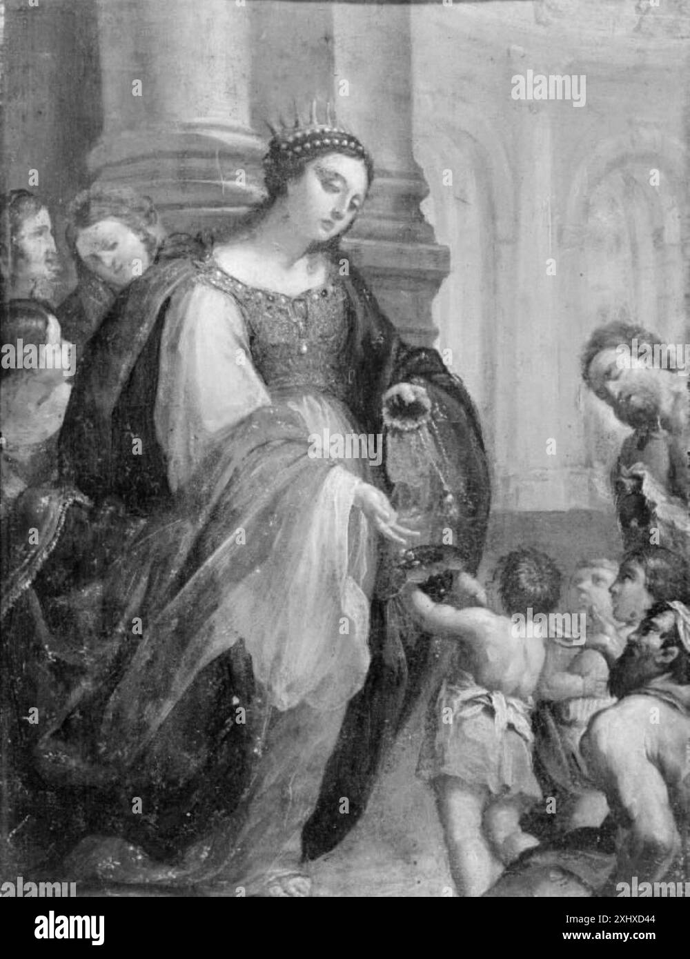 A French queen with crown and blue robe influenced with gold, lilies ...