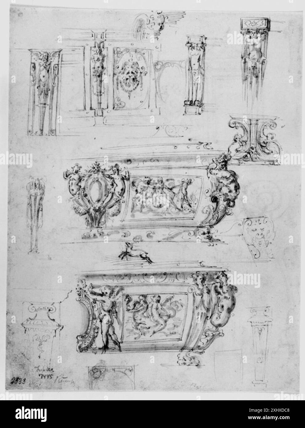 Designs for panelling with herms and mascerons, a cherub, a table ...