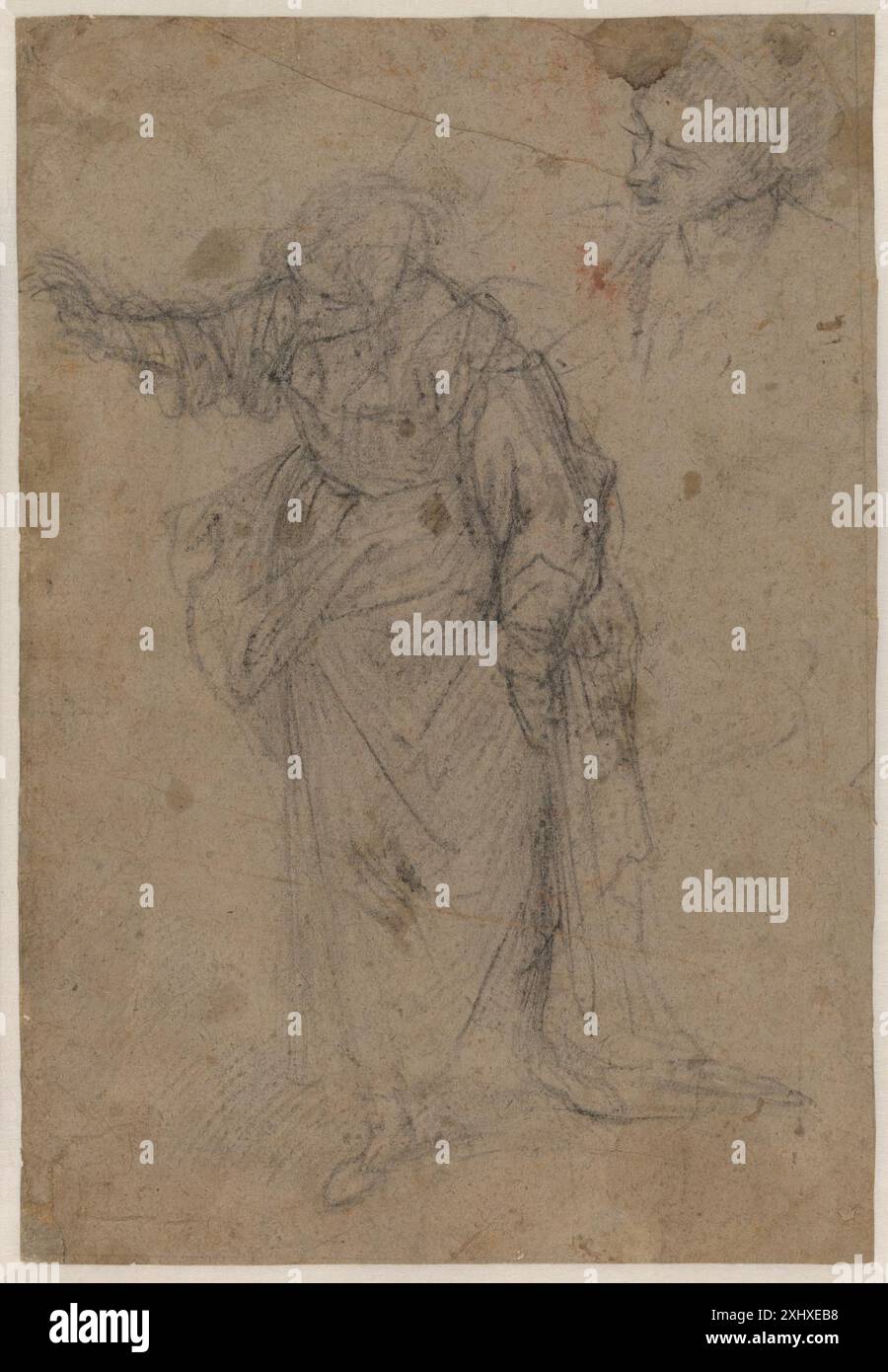 Heavily draped, standing woman turned to the right and looking down ...