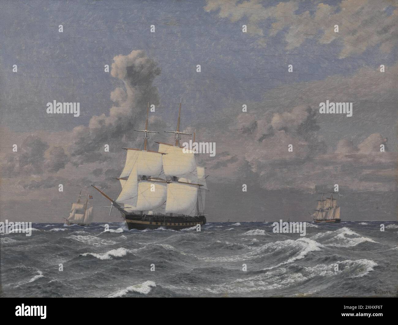 The painting depicts a frigate and other ships cruising on calm waters ...