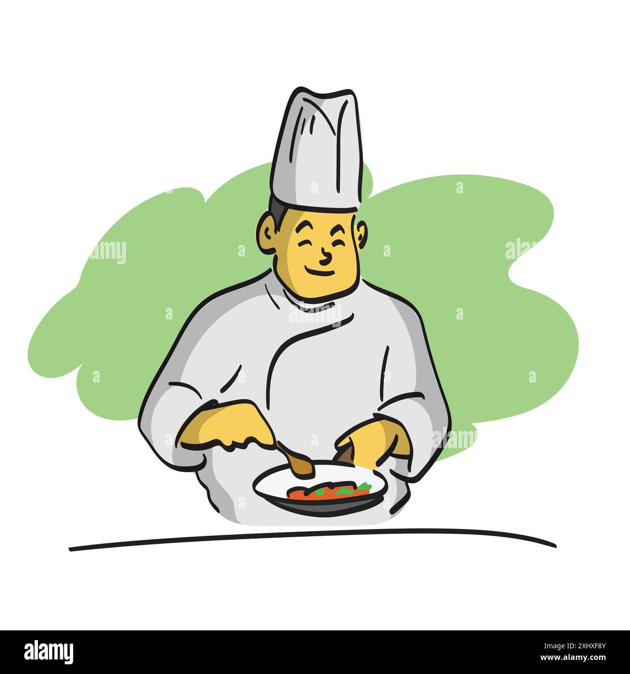 male chef wearing a white uniform and wearing a hat cooking food ...
