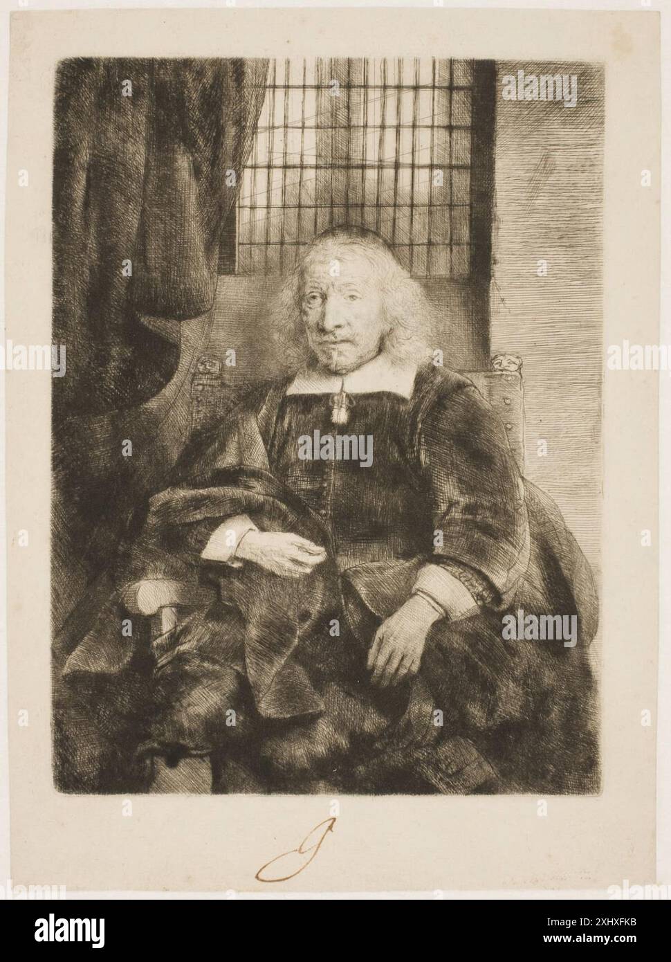 An engraving by Rembrandt depicting Jacob Haaring, known as the Old ...