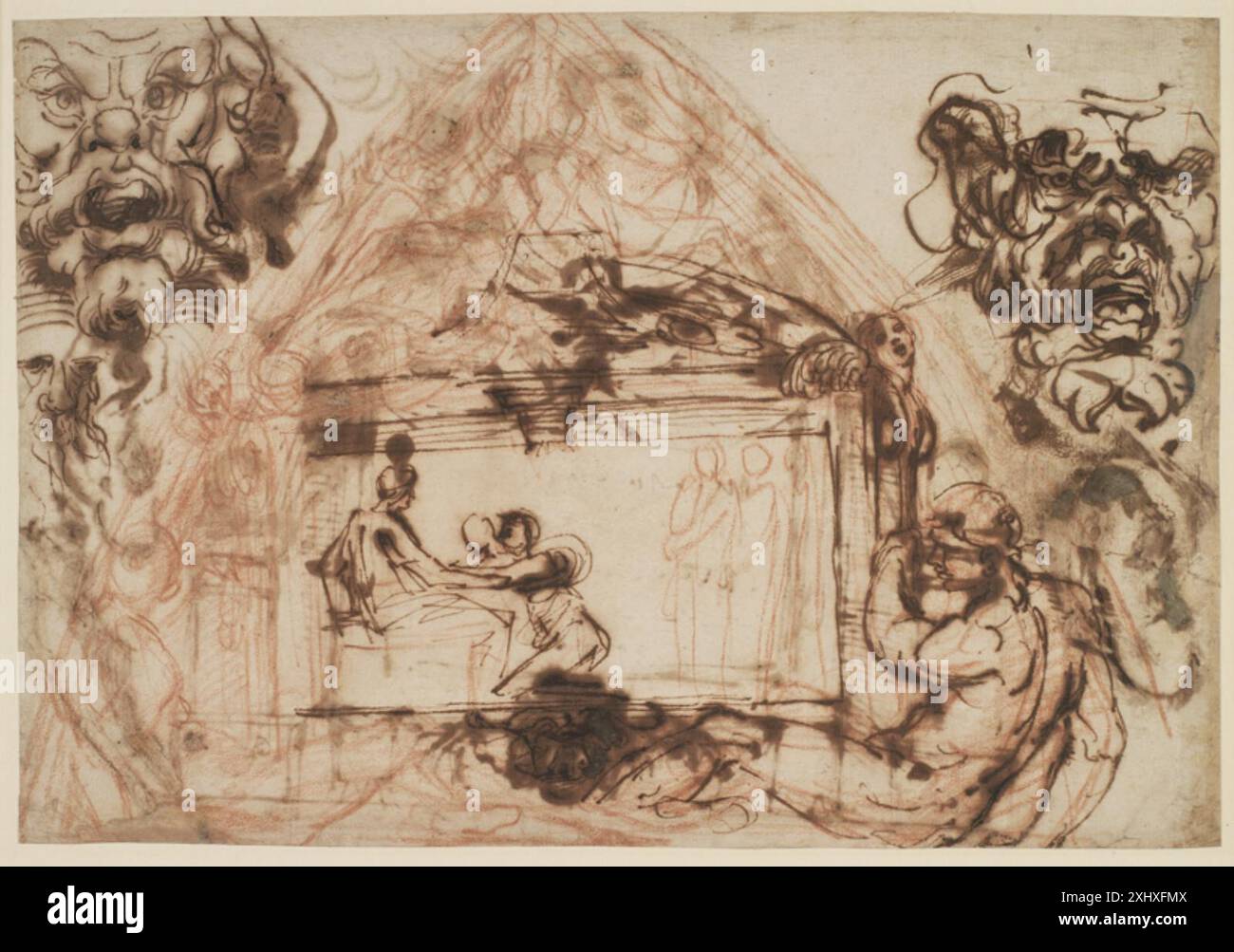 Draft decoration of a vaulting sheath flanked by three Mascheroni ...