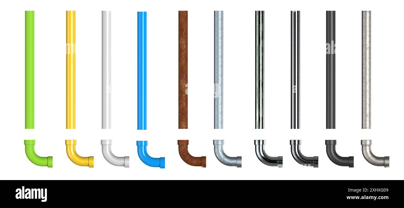 3d rendering set of multi color or shades of metal pipes and joints isolated on white Stock ...