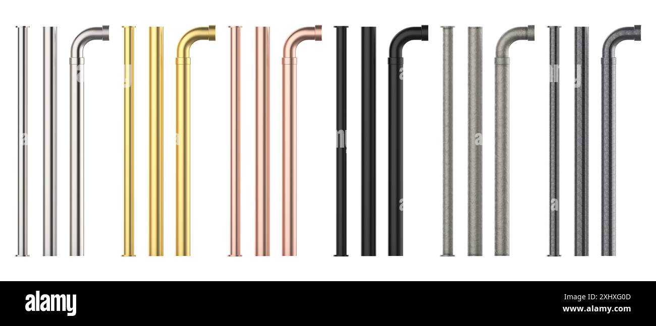 3d rendering set of multi color or shades of metal pipes and joints ...