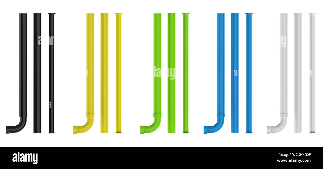 3d rendering set of multi color or shades of pvc pipes and joints ...