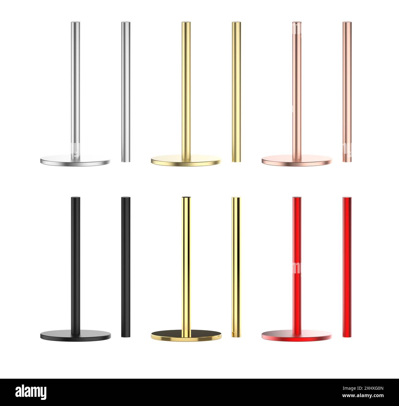 3d rendering collection of metal poles with stands isolated on white ...