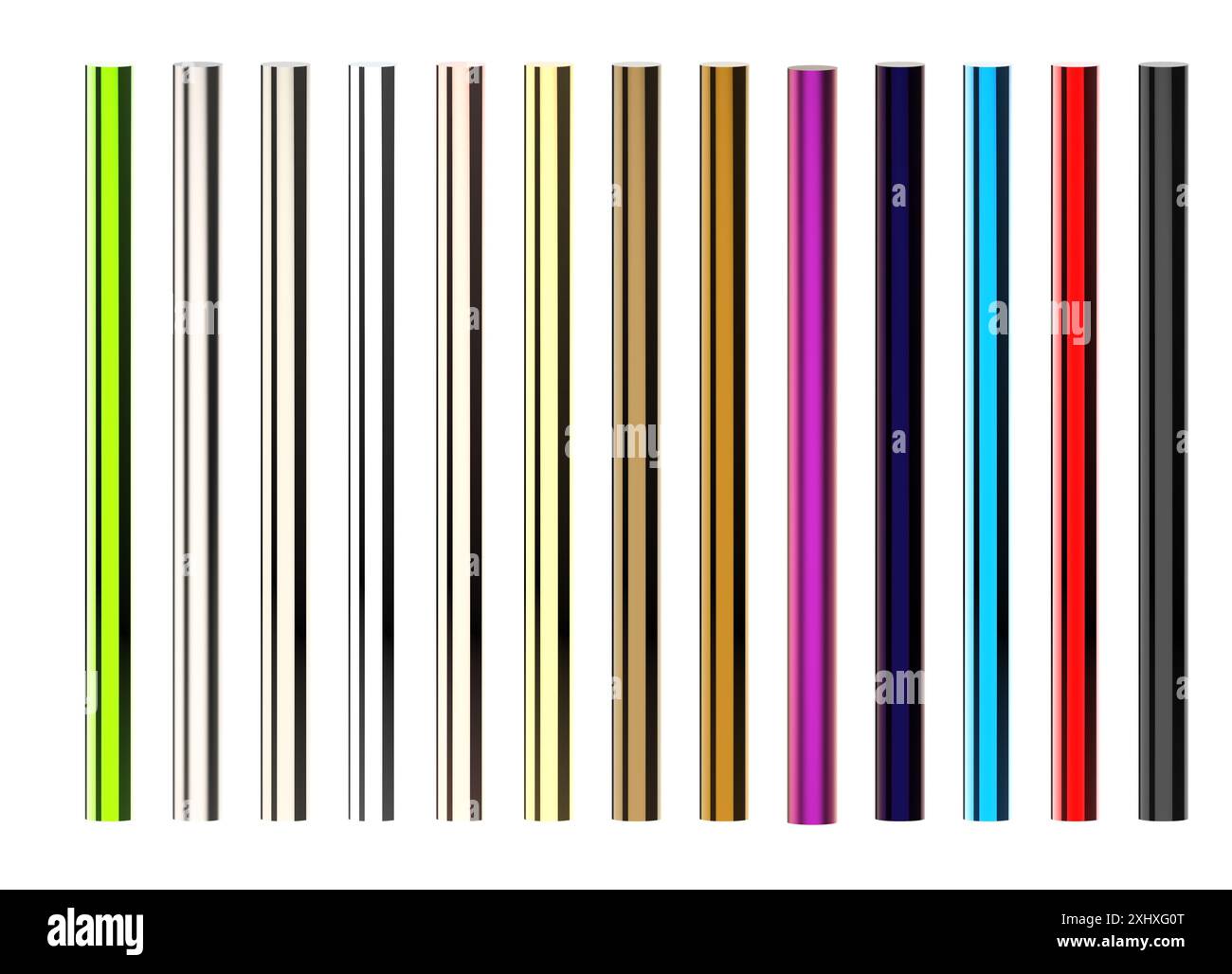 3d rendering set of multi color or shades of metal pipes isolated on ...