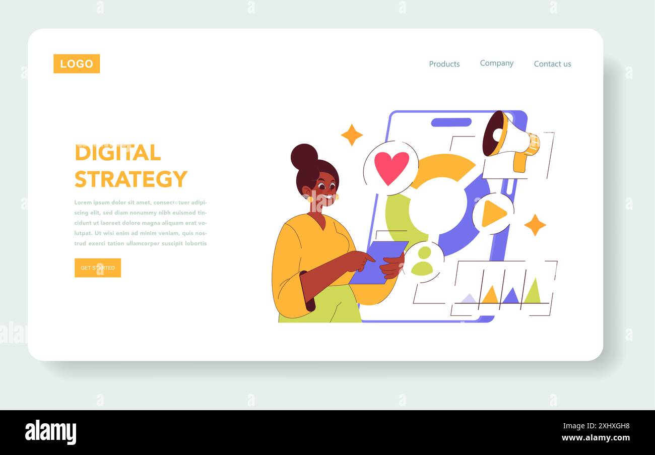 Digital Strategy concept. A woman engages with an interactive interface ...