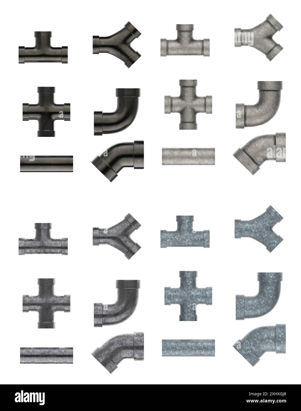 3d rendering set of multi color or shades of metal pipes joints ...