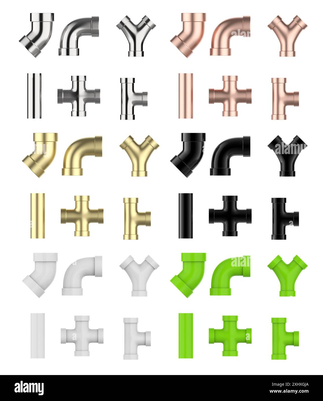 3d rendering set of multi color or shades of metal pipes joints ...