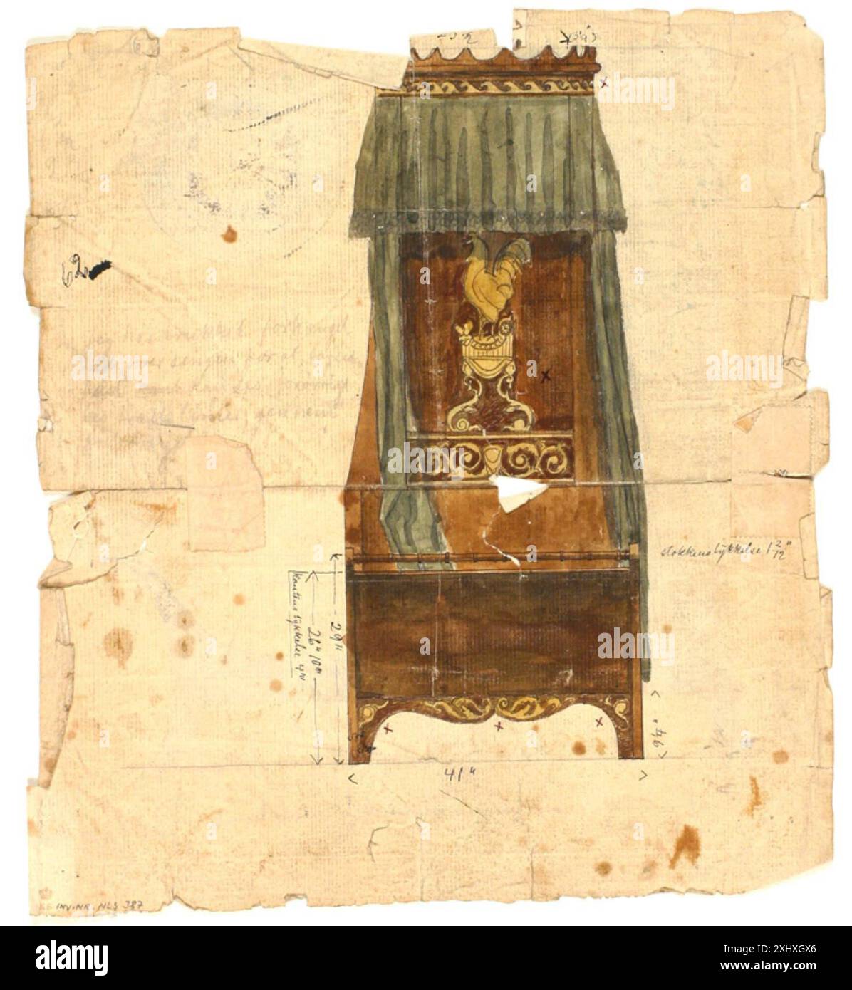 Drawing after a four -poster bed seen from the end, as well as notes ...