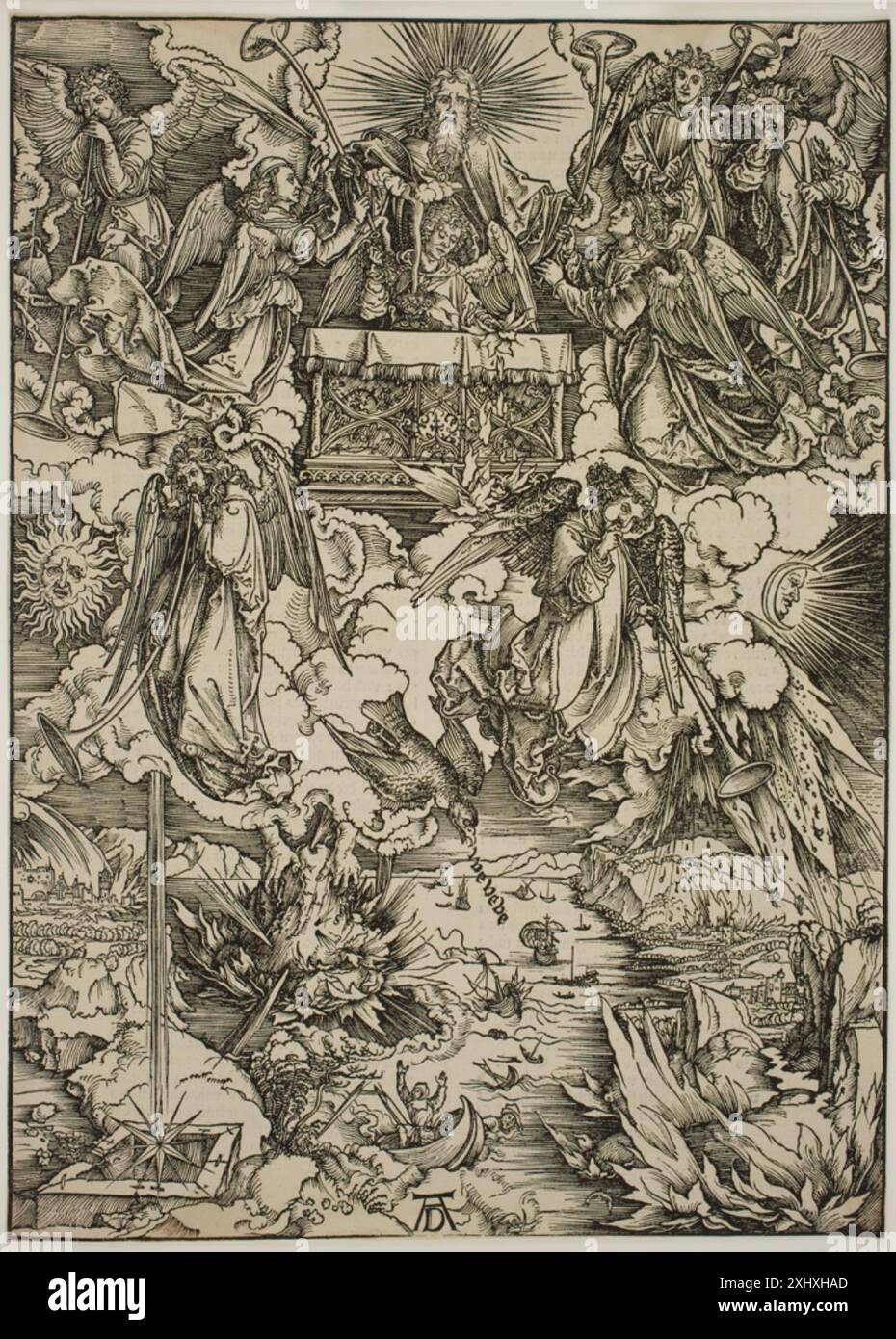 Woodcut by Albrecht Dürer depicting the Seven Trumpets from the Book of ...