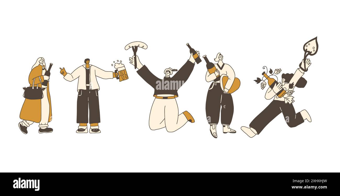 Beer lovers people kit. Doodle characters with alcohol drinks. Vector ...