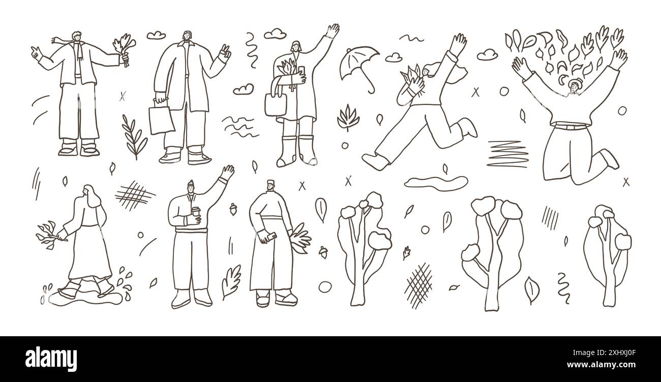 Set of autumn park walking people. Characters with fall leaves. Vector ...