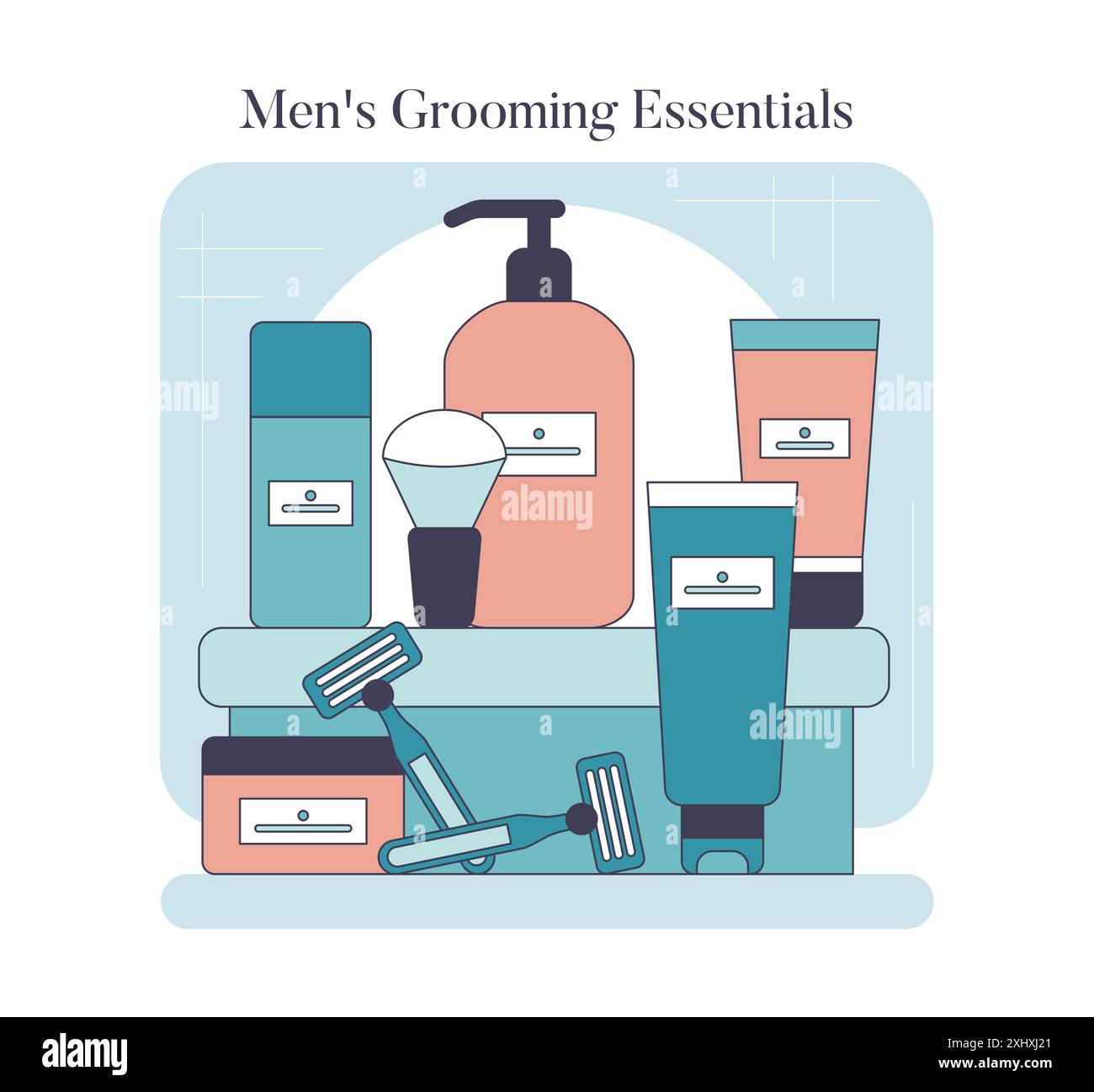 Men's Grooming Essentials concept. Collection of skincare and shaving products for daily hygiene ...