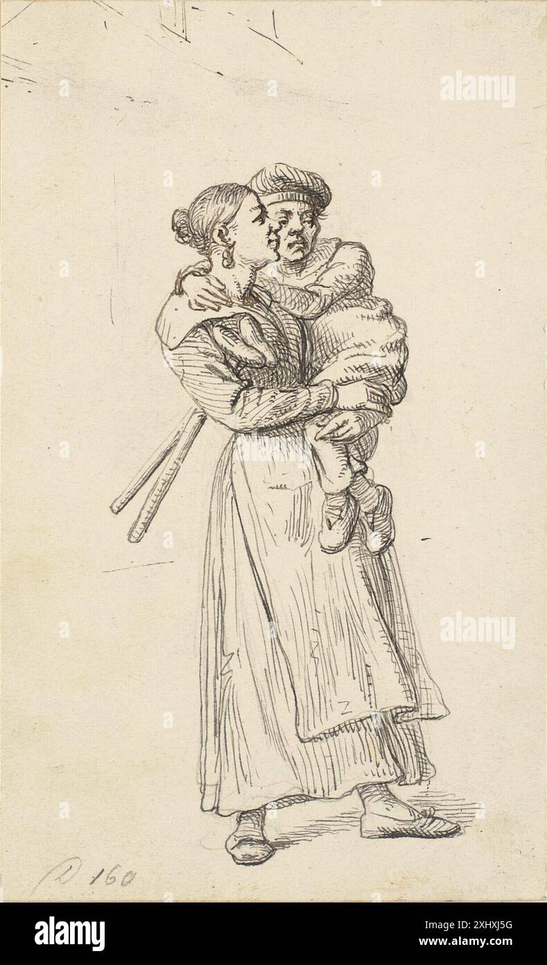 A drawing by Wilhelm Marstrand depicting a woman carrying a disabled ...