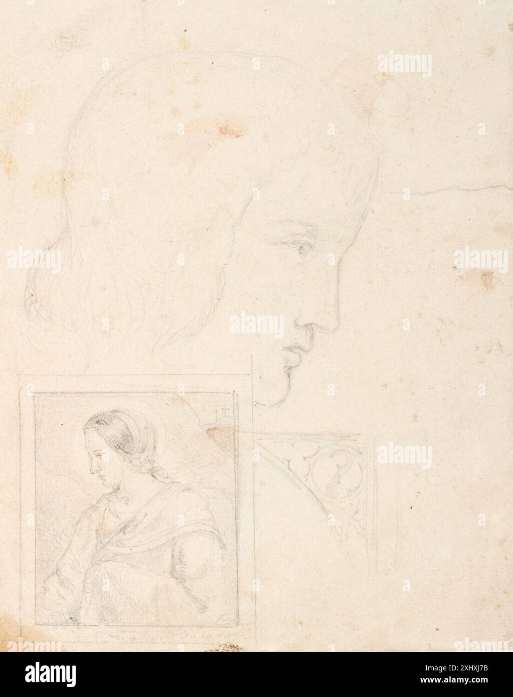 Small draft of a picture of a female half figure. A profile of a young ...