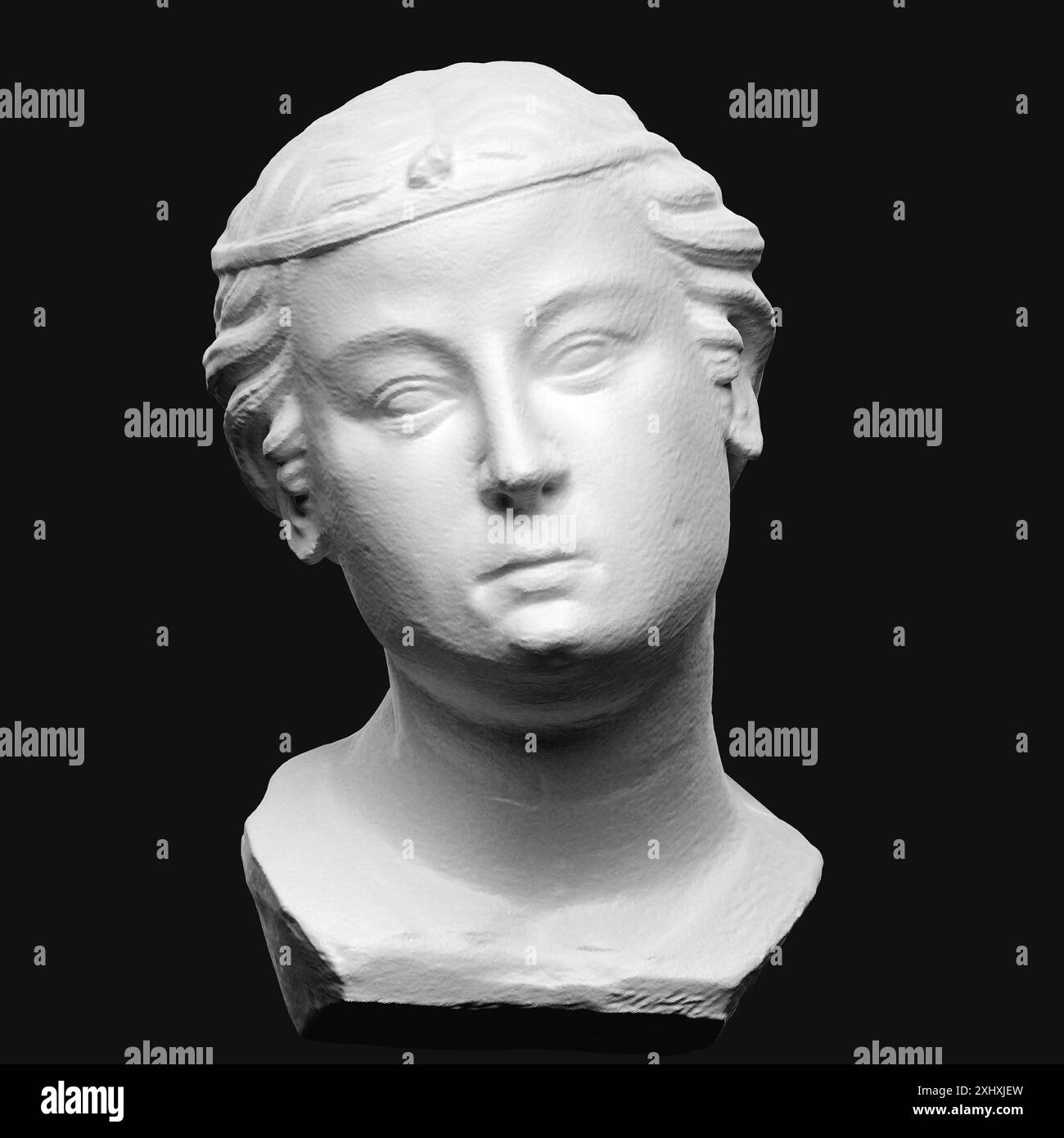 Sculpted head representing one of the unwise virgins, wearing a diadem ...