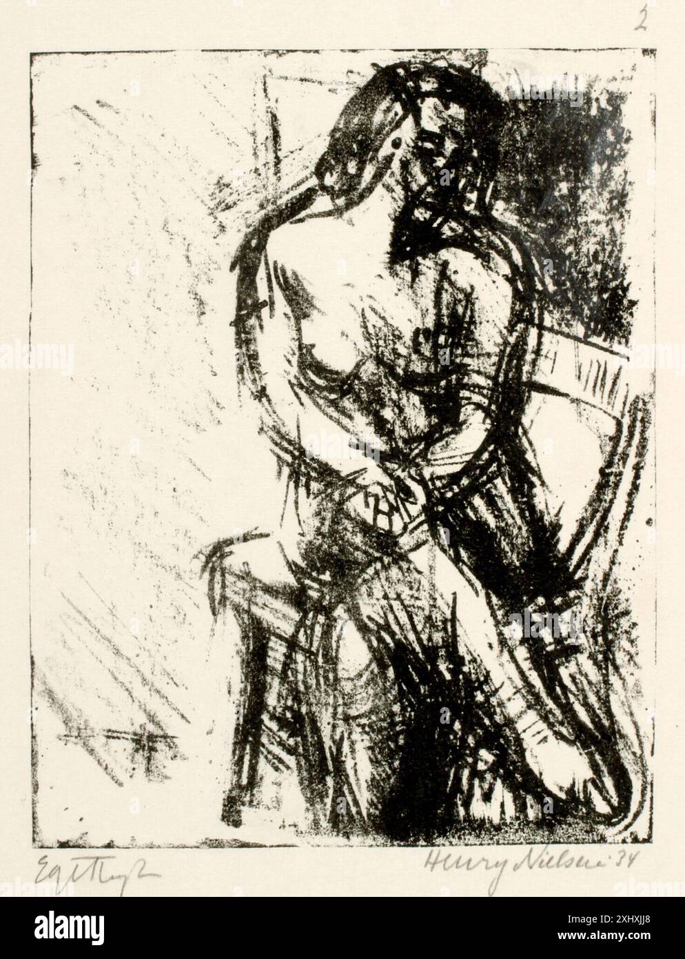 Lithograph by Henry Nielsen depicting a sitting female model ...