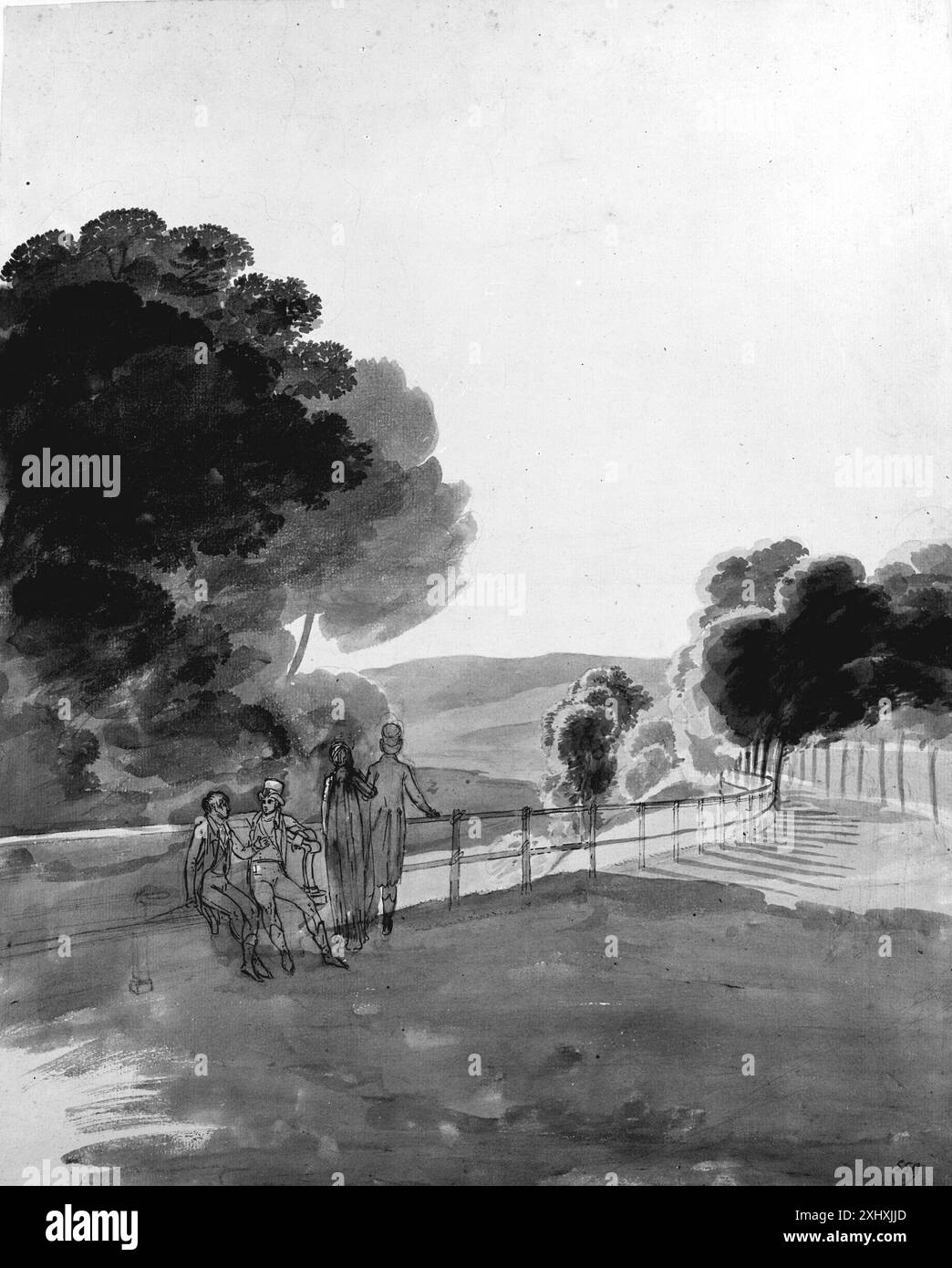 Drawing by Heinrich Plötz showing an avenue winding through a valley ...