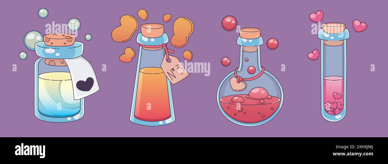 Magic love potion in glass bottle and flask. Cartoon vector ...