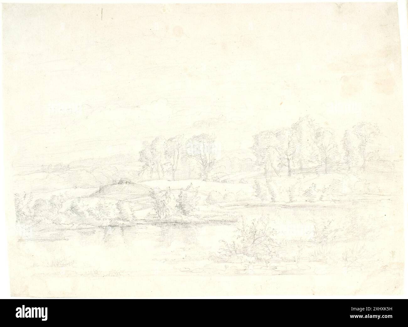 Composed Landscape. A lake, a giant mound, in the background hills with ...