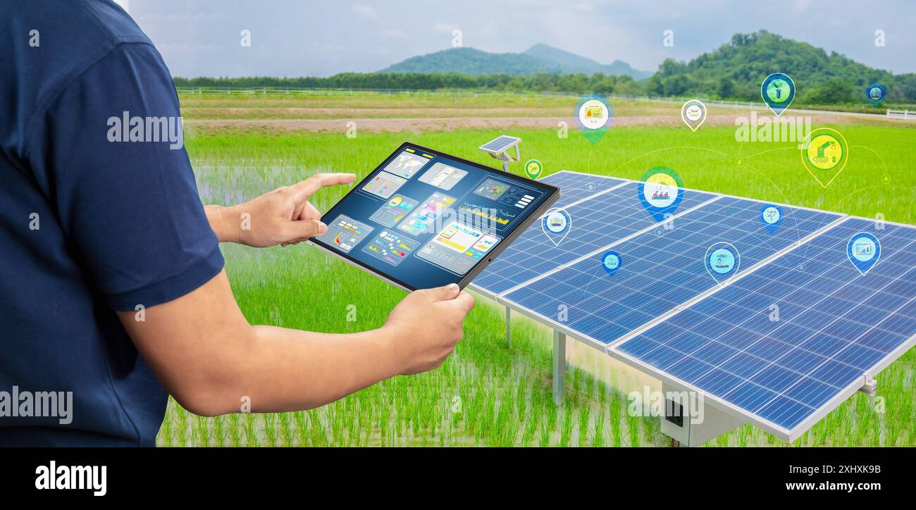 Smart farm system with engineer control solar panels station on rice ...