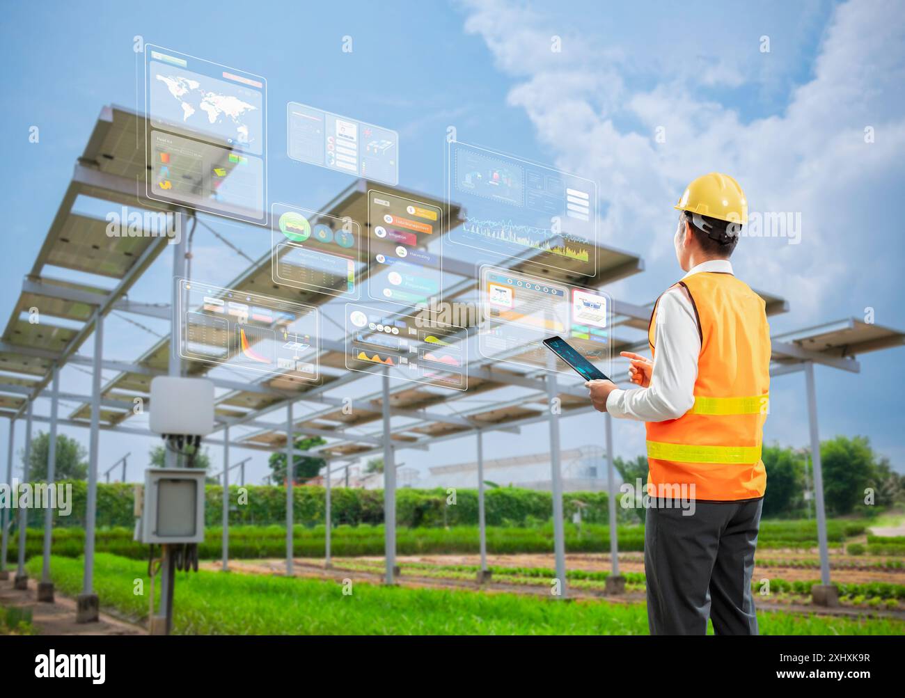Smart farm system with engineer control solar panels station on rice ...