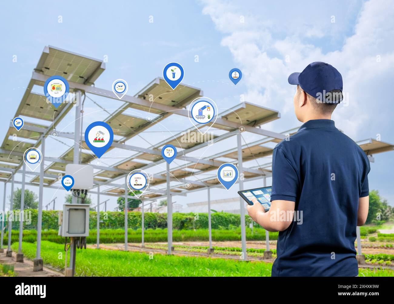 Smart farm system with engineer control solar panels station on rice ...