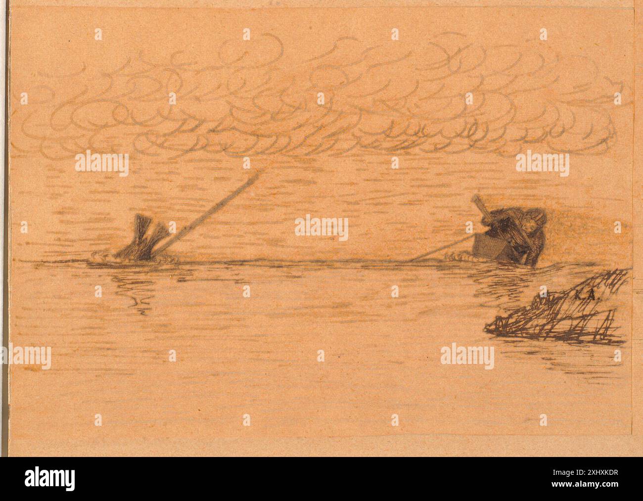 A drawing by Kårale Andreassen (1890–1934) showing a man in a kayak ...