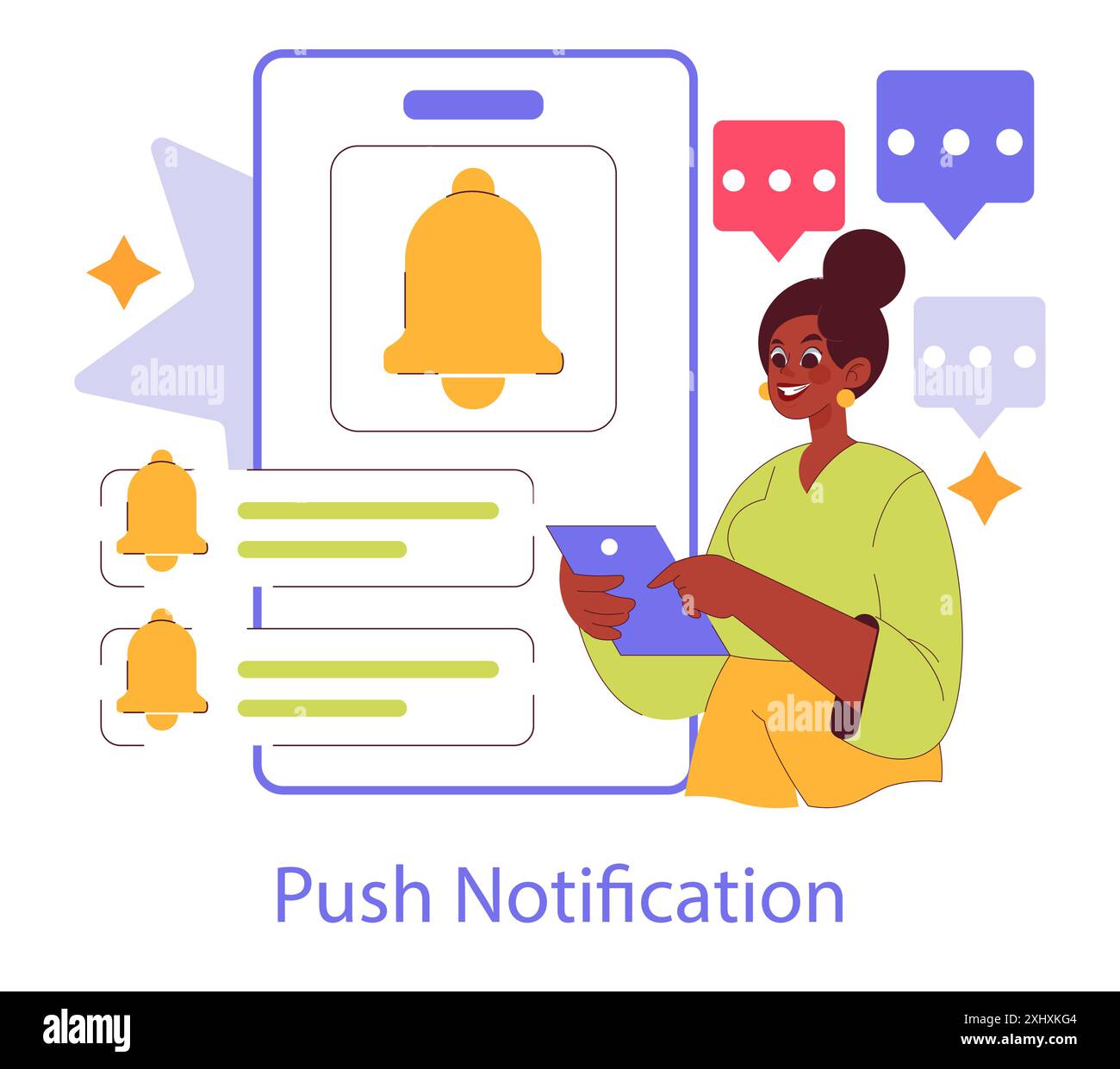 Branded App concept. A user interacts with push notifications on a digital tablet, showcasing ...
