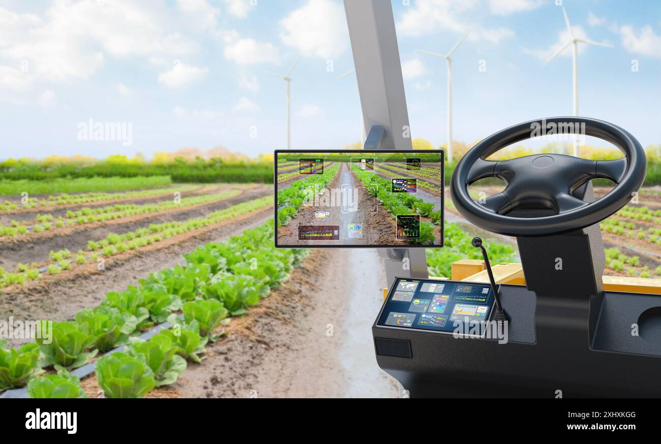 Agriculture technology with 3d rendering electric tractor work in farm ...