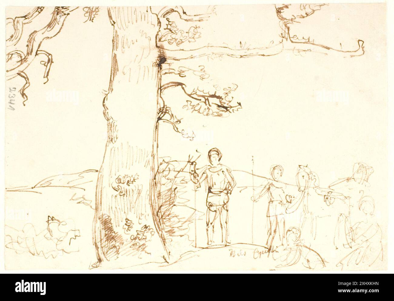 Drawing draft depicting Niels Ebbesen standing under a large oak tree ...