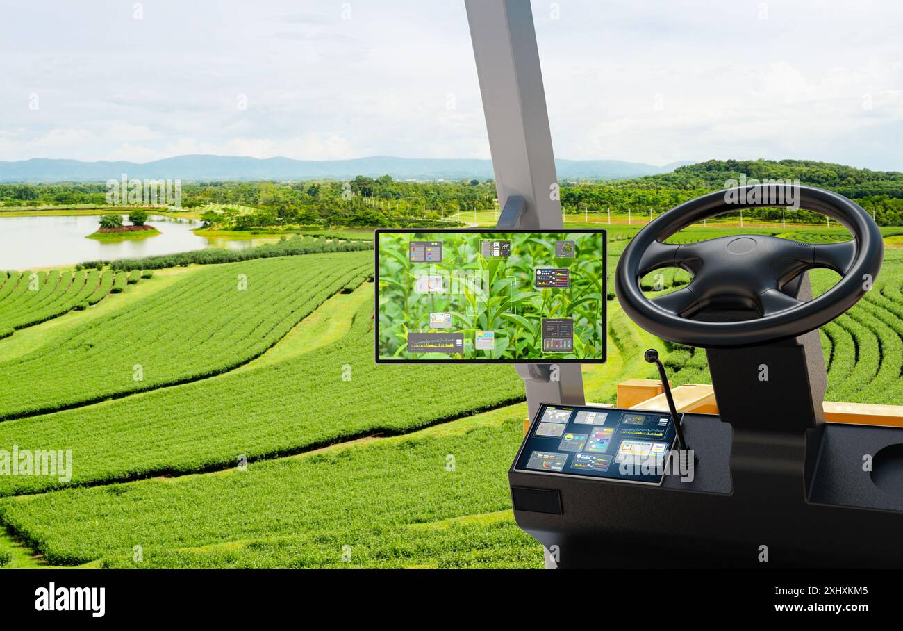 Agriculture technology with 3d rendering electric tractor work in farm ...