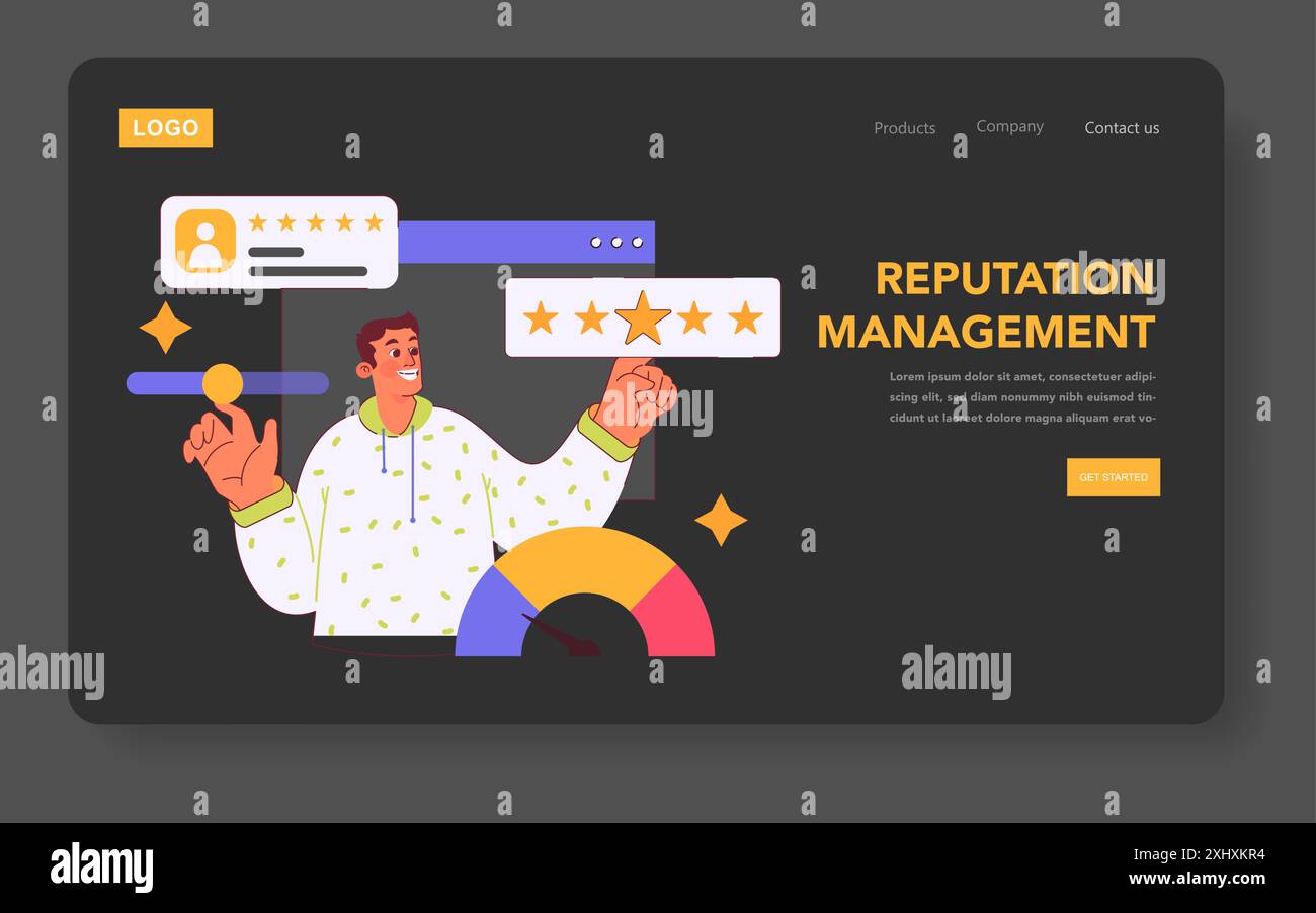 Brand trust concept. A cheerful man interacts with a digital rating ...