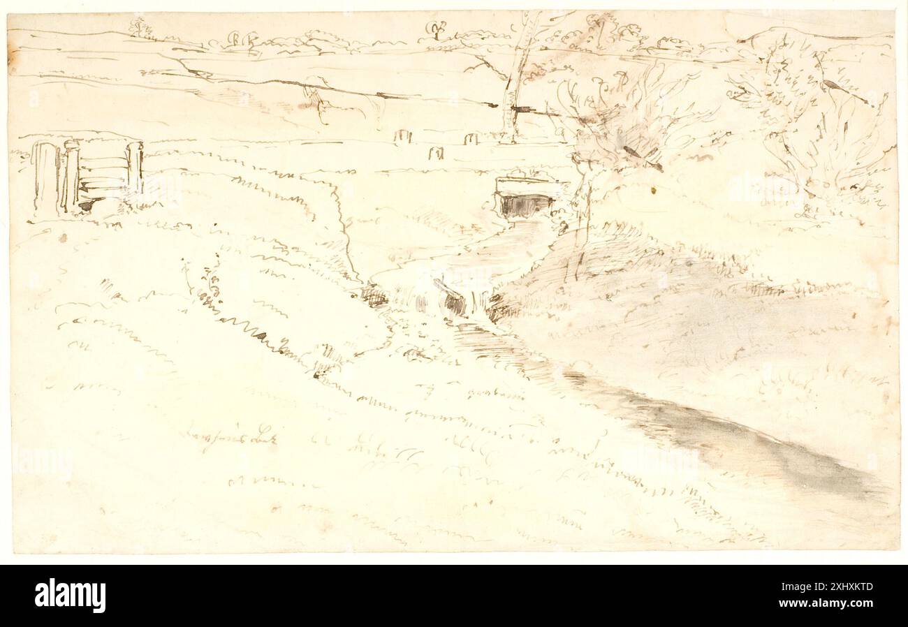 Drawing depicting a landscape with a creek running under a country road ...
