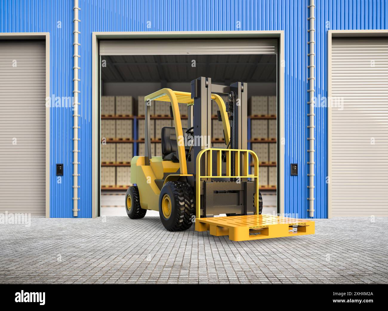 3d rendering forklift truck with empty pallet in warehouse Stock Photo - Alamy