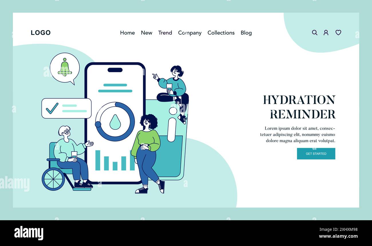 Hydration reminder app interface illustration featuring characters ...