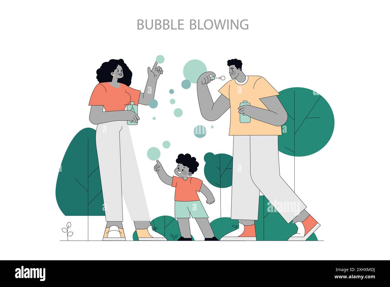 Family Bubble Blowing fun. Parents and child enjoying a playful moment ...